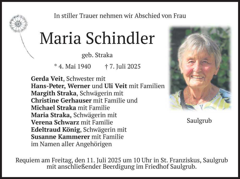 Traueranzeigen von Maria Schindler | trauer.merkur.de
